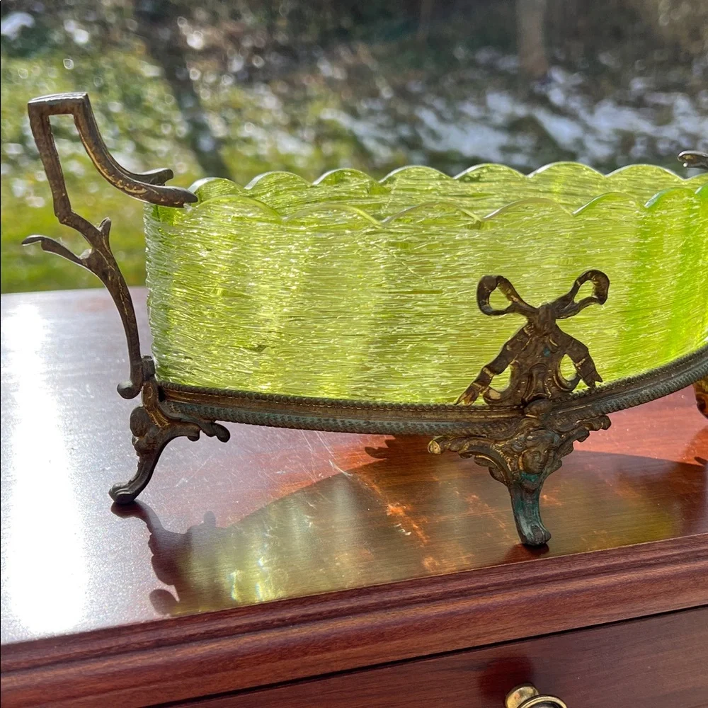 Vintage | Accents | Antique French Jardiniere Loetz Style Green Glass ...